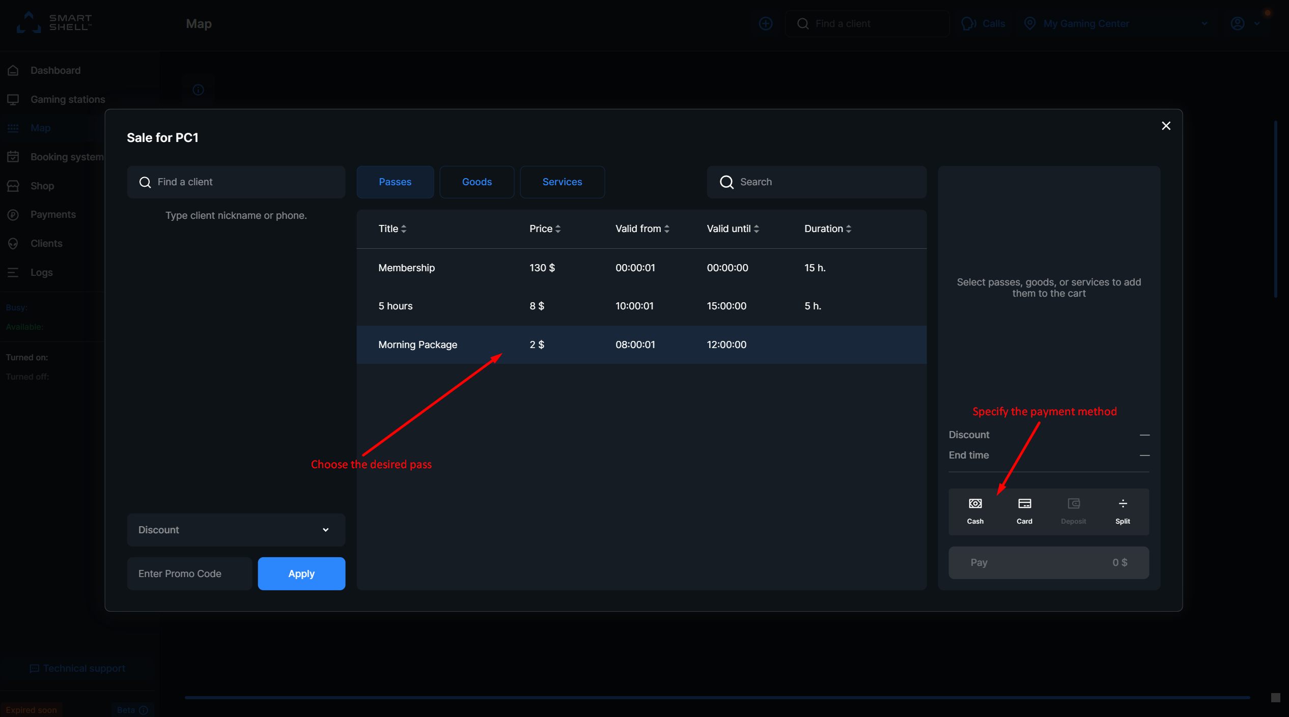 Step 9: Operator shift, payments, and sessions – SmartShell_ENG