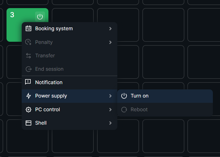 Power supply control of the gaming station through the Admin panel ...