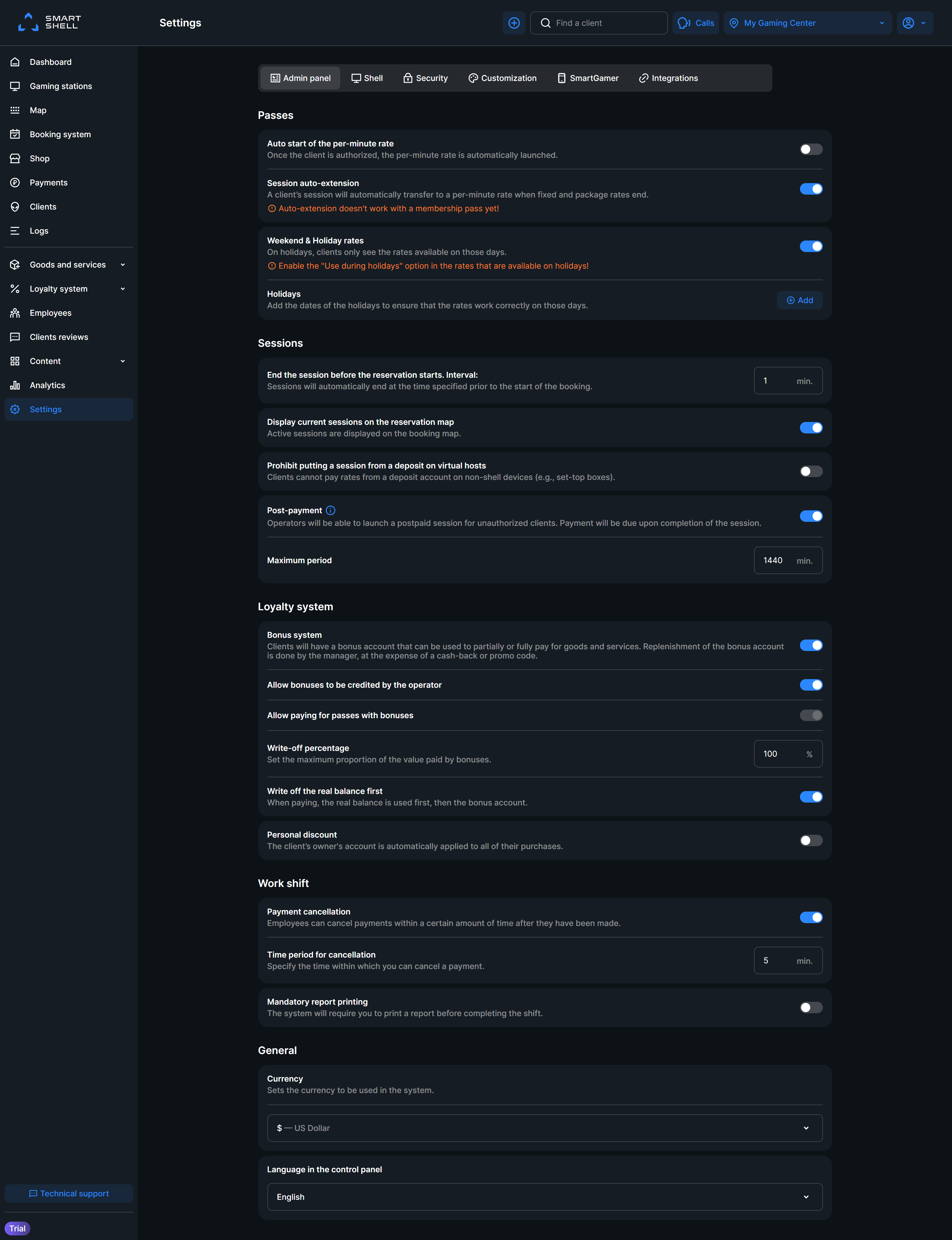 Step 7. Admin panel settings – SmartShell_ENG